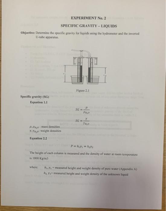 Solved EXPERIMENT No. 2 SPECIFIC GRAVITY-LIQUIDS Objective: | Chegg.com