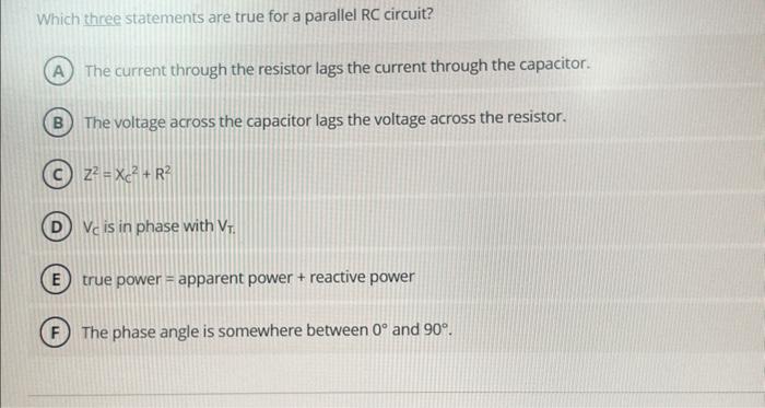 Solved Which three statements are true for a parallel RC | Chegg.com