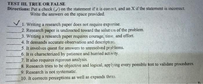 Solved TEST III. TRUE OR FALSE Directions: Put a check (V) | Chegg.com