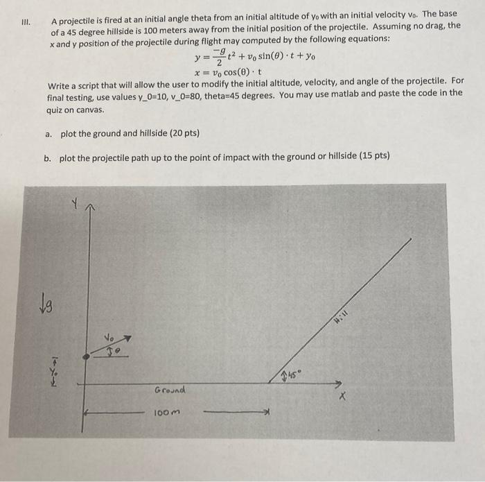 Solved III. A projectile is fired at an initial angle theta | Chegg.com