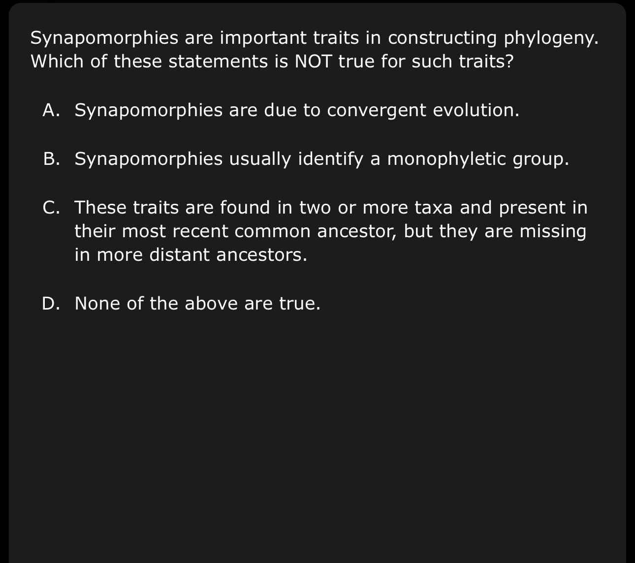 Solved Synapomorphies are important traits in constructing | Chegg.com
