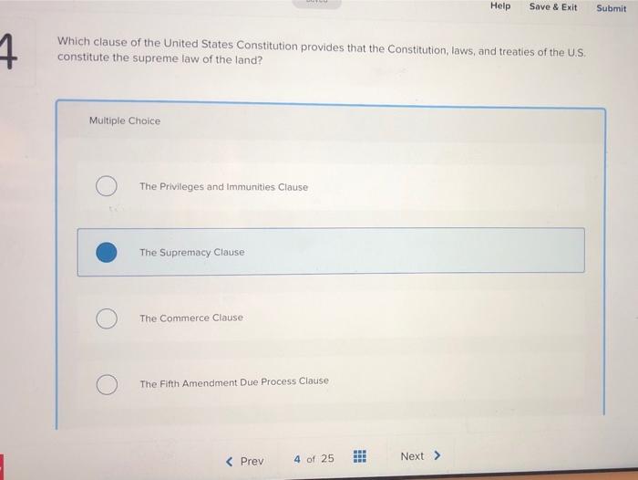 Solved Help Save & Exit Submit 1 Which clause of the United | Chegg.com