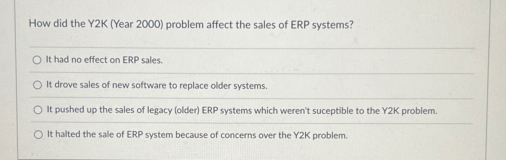 Solved How did the Y2K (Year 2000) ﻿problem affect the sales | Chegg.com