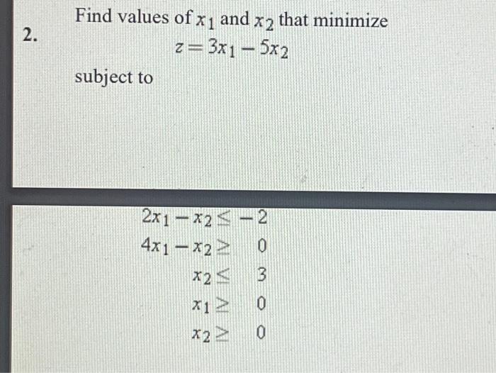 Solved Find values of x1 and x2 that minimize z=3x1−5x2 | Chegg.com