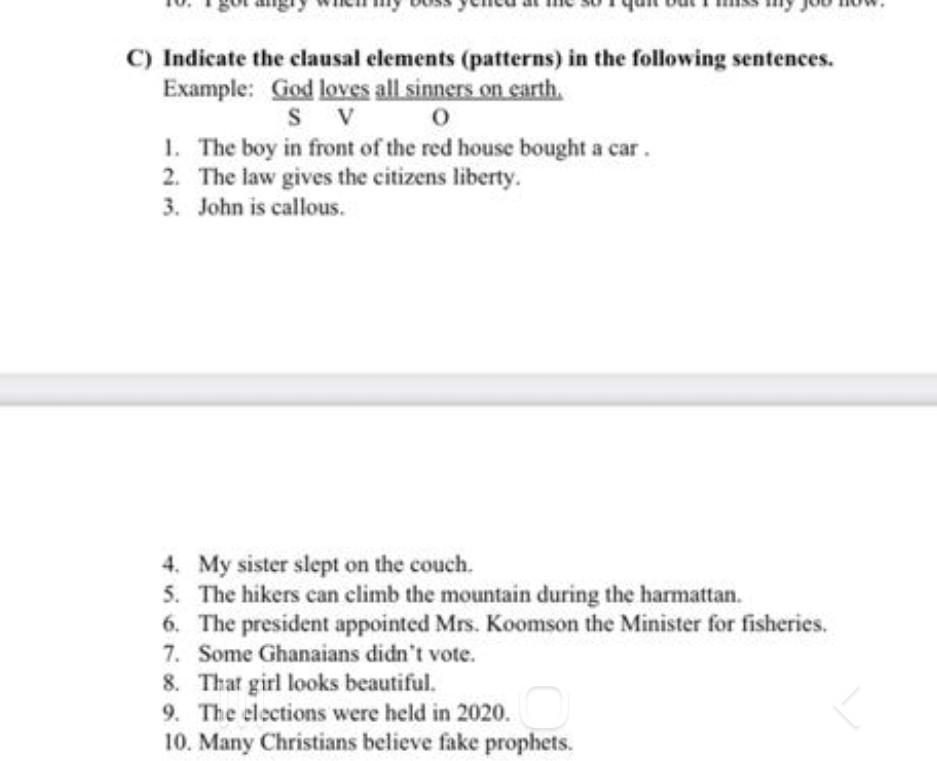 Solved C) Indicate the clausal elements (patterns) in the | Chegg.com