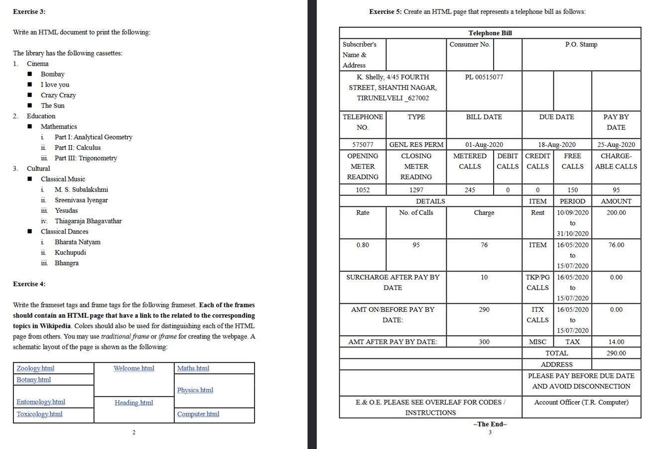 Exercise 3:Write an HTML document to print the | Chegg.com