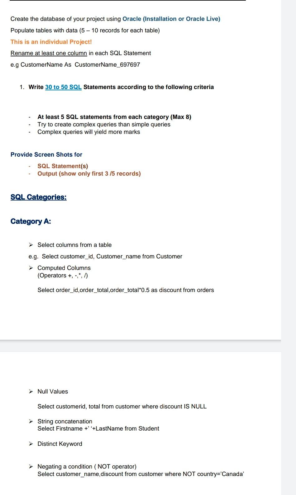 Solved Create the database of your project using Oracle | Chegg.com