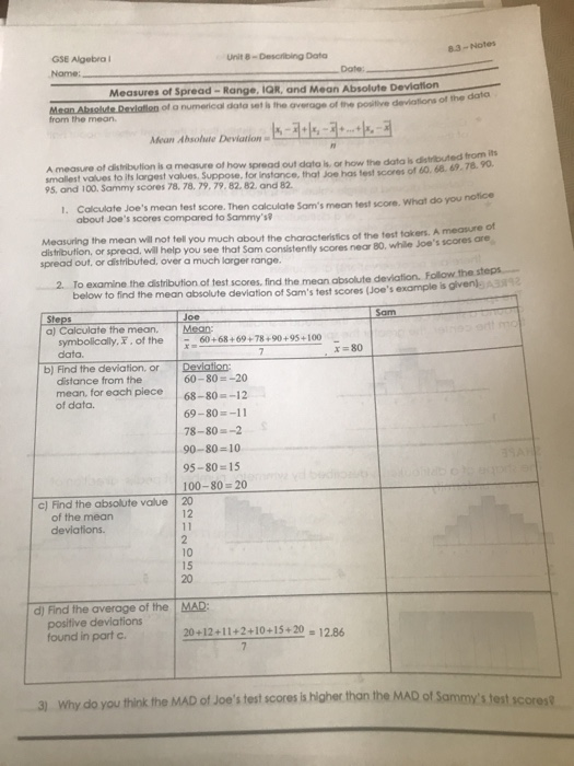 Solved 8.3 - Notes GSE Algebra Unit 8 Describing Data Nome: | Chegg.com