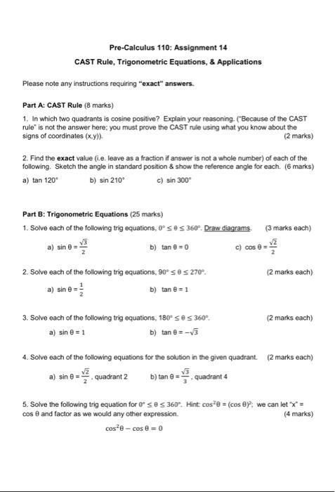 Solved Pre-Calculus 110: Assignment 14 CAST Rule, | Chegg.com