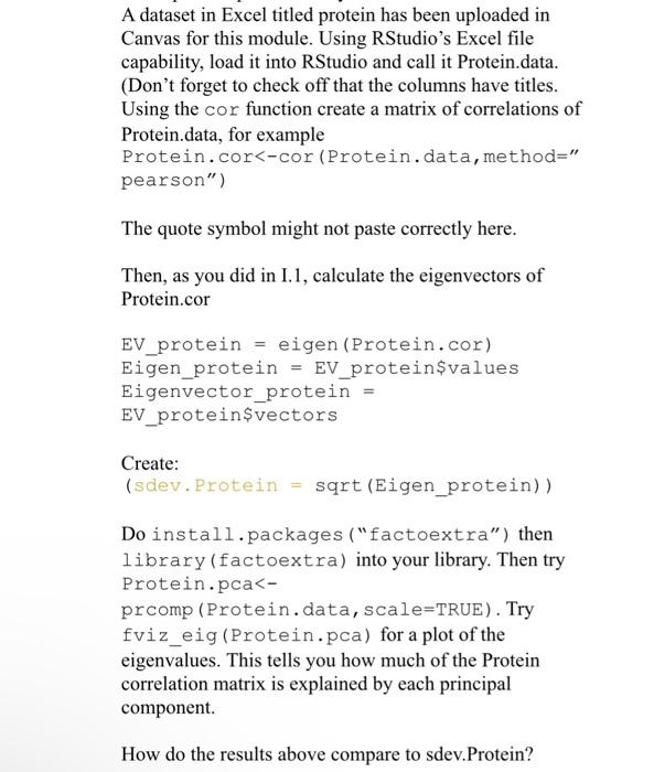 A dataset in Excel titled protein has been uploaded | Chegg.com