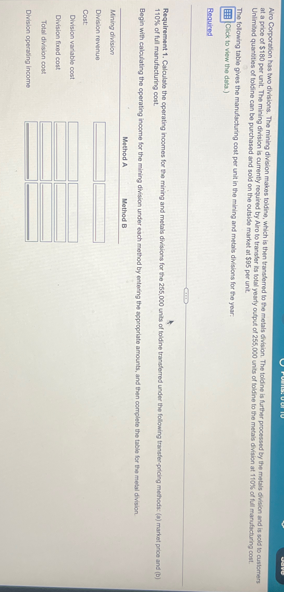 Airo Corporation has two divisions. The mining | Chegg.com