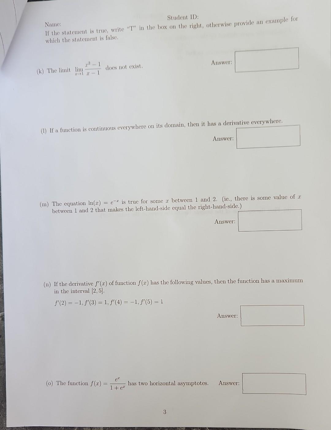 Solved Student ID: If the statement is true, write "T" in | Chegg.com