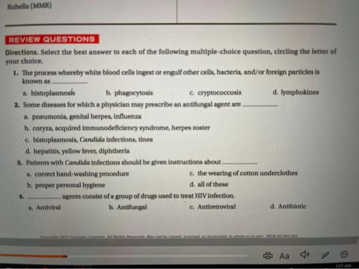 Solved Rubella (MMR) your choice. REVIEW QUESTIONS | Chegg.com