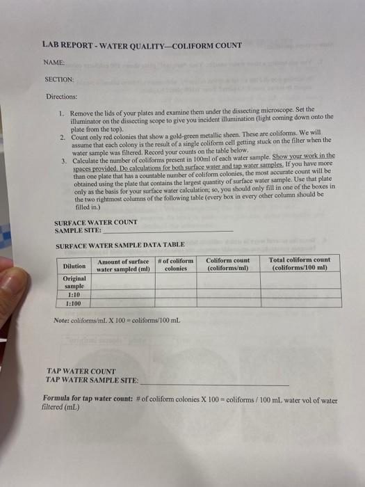 LAB REPORT - WATER QUALITY-COLIFORM COUNT NAME: | Chegg.com