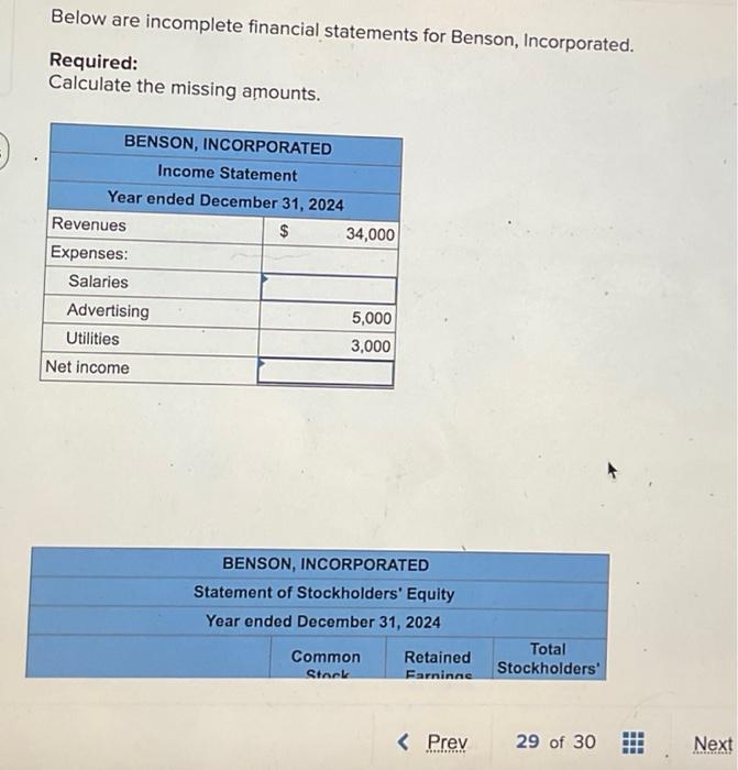 Solved Below are incomplete financial statements for Benson, | Chegg.com Solved Below are incomplete financial statements for Benson, | Chegg.com
