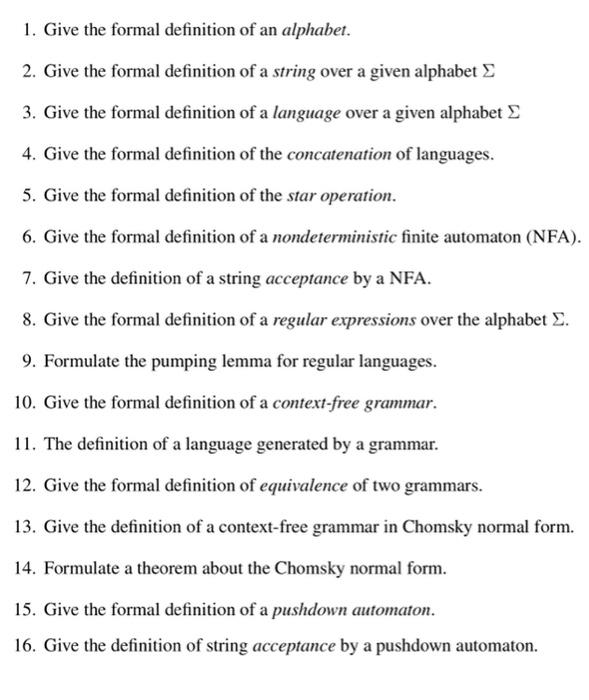 Solved 1. Give the formal definition of an alphabet. 2. Give | Chegg.com