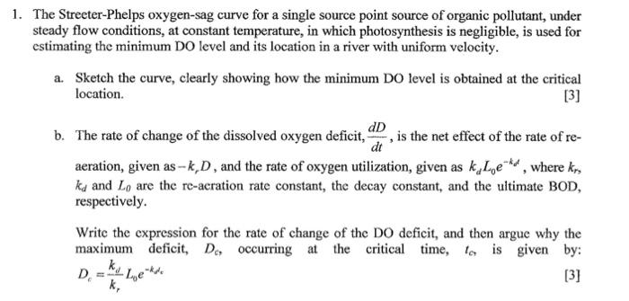 Solved 1. The Streeter-Phelps oxygen-sag curve for a single | Chegg.com