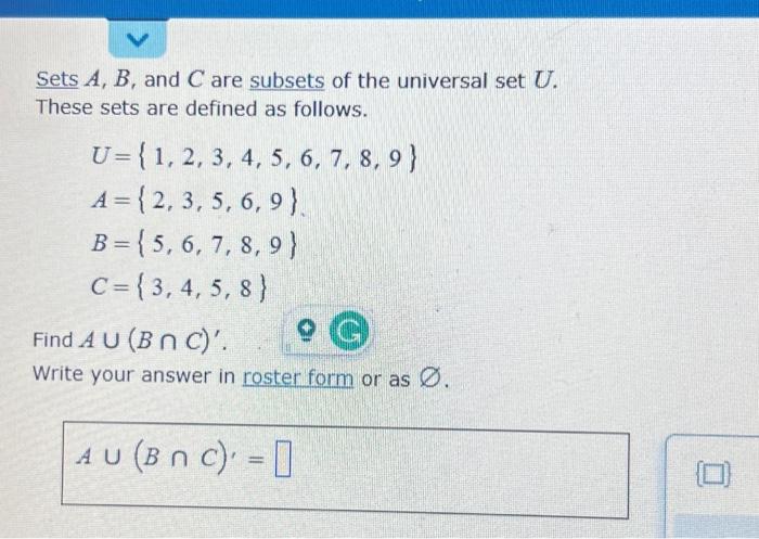 Solved Sets A,B, and C are subsets of the universal set U. | Chegg.com