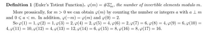 Solved Definition 1 (Euler's Totient Function). (m) = #Zm, | Chegg.com