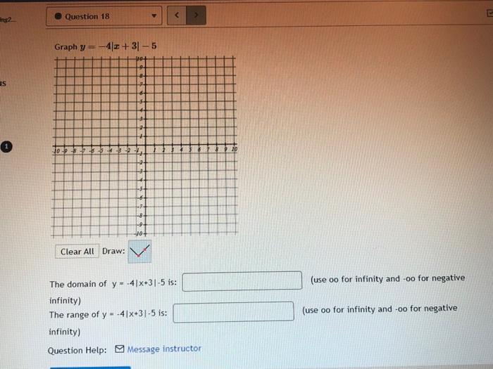 Solved Graph y=−4∣x+3∣−5 Draw: The domain of y=−4∣x+3∣−5 is: | Chegg.com