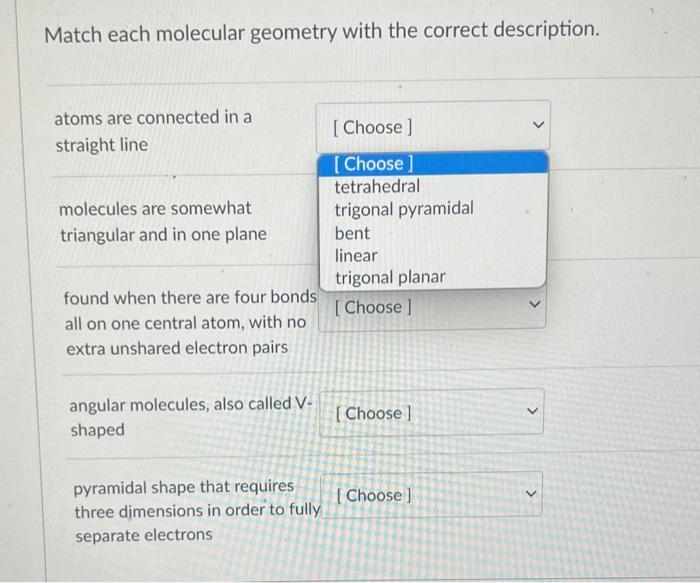 Solved Match each molecular geometry with the correct | Chegg.com