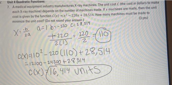 Solved Unit 4 Quadratic Functions: 7. A medical equipment | Chegg.com