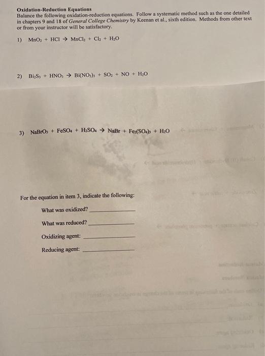 Solved Oxidation-Reduction Equations Balance the following | Chegg.com