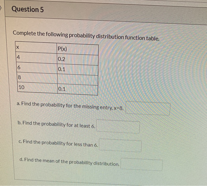 Solved Question 5 Complete the following probability | Chegg.com