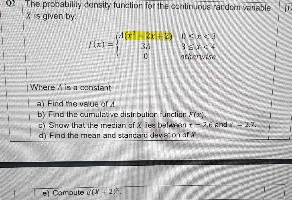 Solved Q2 The probability density function for the | Chegg.com