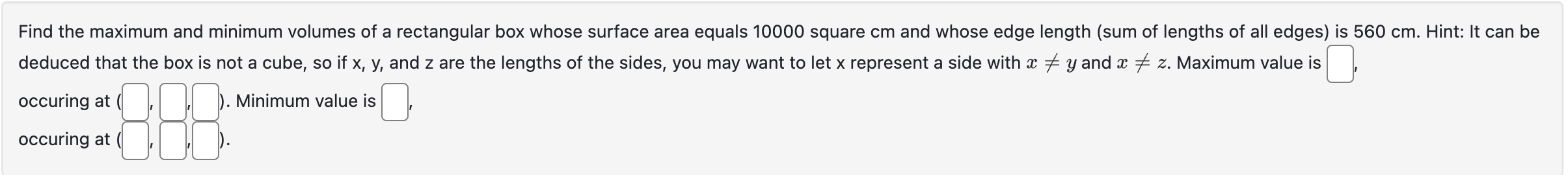 Solved Find the maximum and minimum volumes of a rectangular | Chegg.com