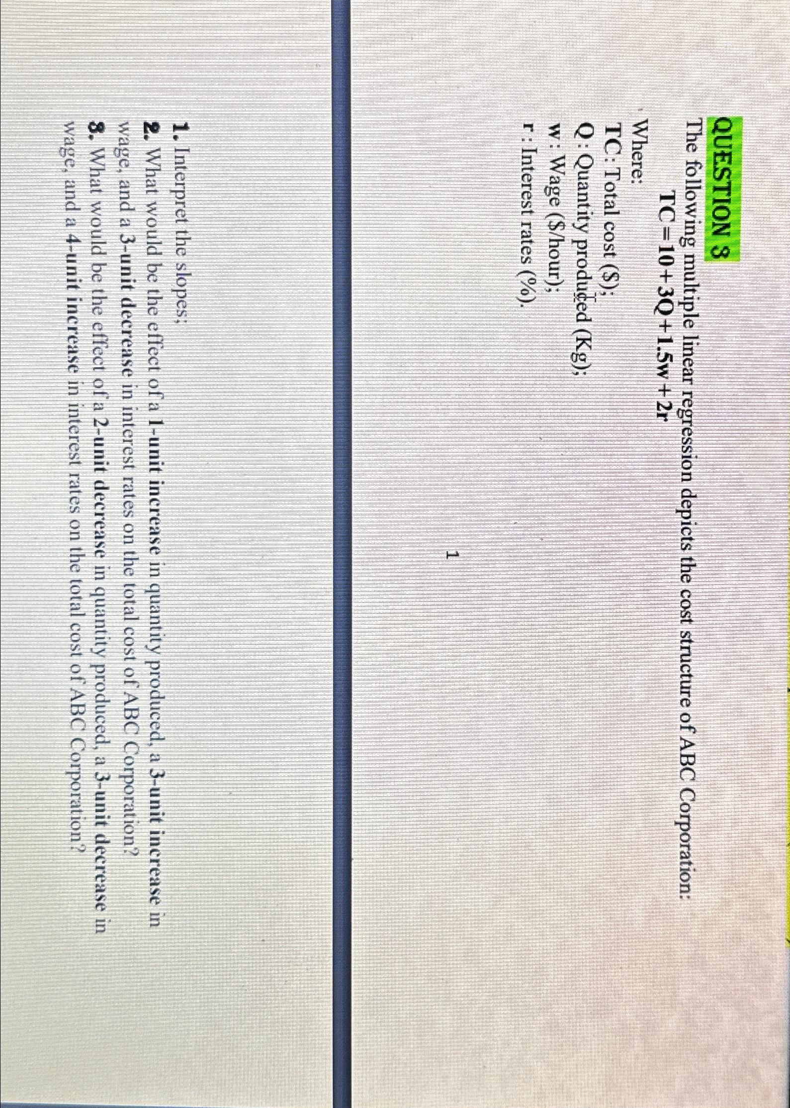 Solved QUESTION 3The following multiple linear regression | Chegg.com