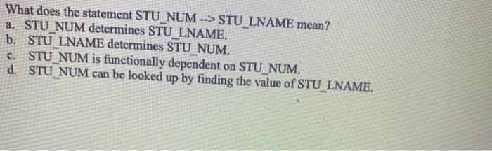Solved What does the statement STU_NUM --> STU_LNAME mean? | Chegg.com