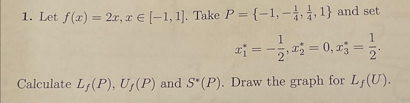 Solved Let f(x)=2x,xin[-1,1]. ﻿Take P={-1,-14,14,1} ﻿and | Chegg.com