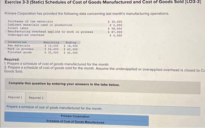 Solved Exercise 3-3 (Static) Schedules of Cost of Goods | Chegg.com