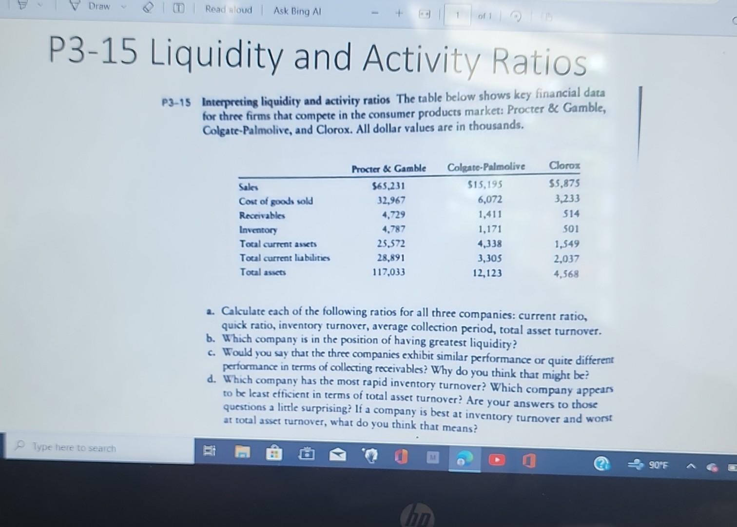 Solved P3-15 Liquidity and Activity Ratios P3-15 | Chegg.com