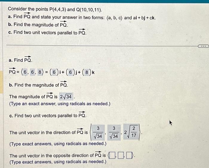 Solved Consider the points P(4,4,3) and Q(10,10,11). a. Find | Chegg.com