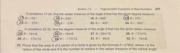 Solved In problems 17-24, find the radian measure of the | Chegg.com
