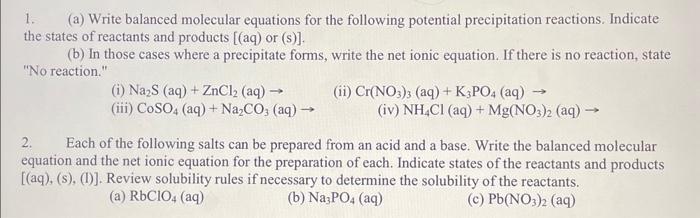 Solved 1. (a) Write balanced molecular equations for the | Chegg.com