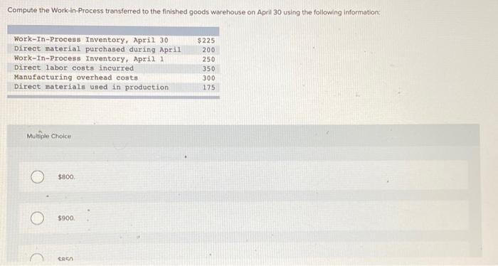 Solved Compute the Work-In-Process transferred to the | Chegg.com