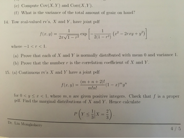 Solved (e) Compute Cov(X,Y) and Corr(X,Y). (f) What is the | Chegg.com