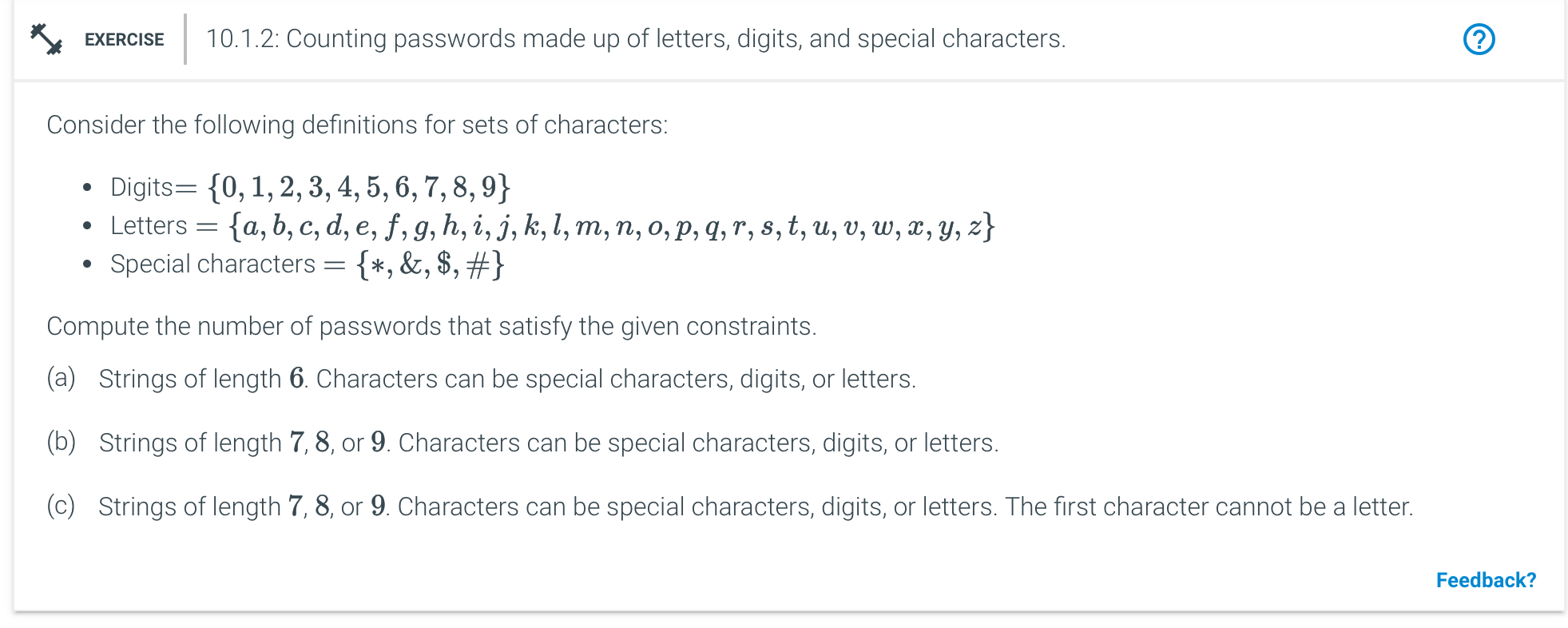 Solved EXERCISE10.1.2: Counting passwords made up of | Chegg.com