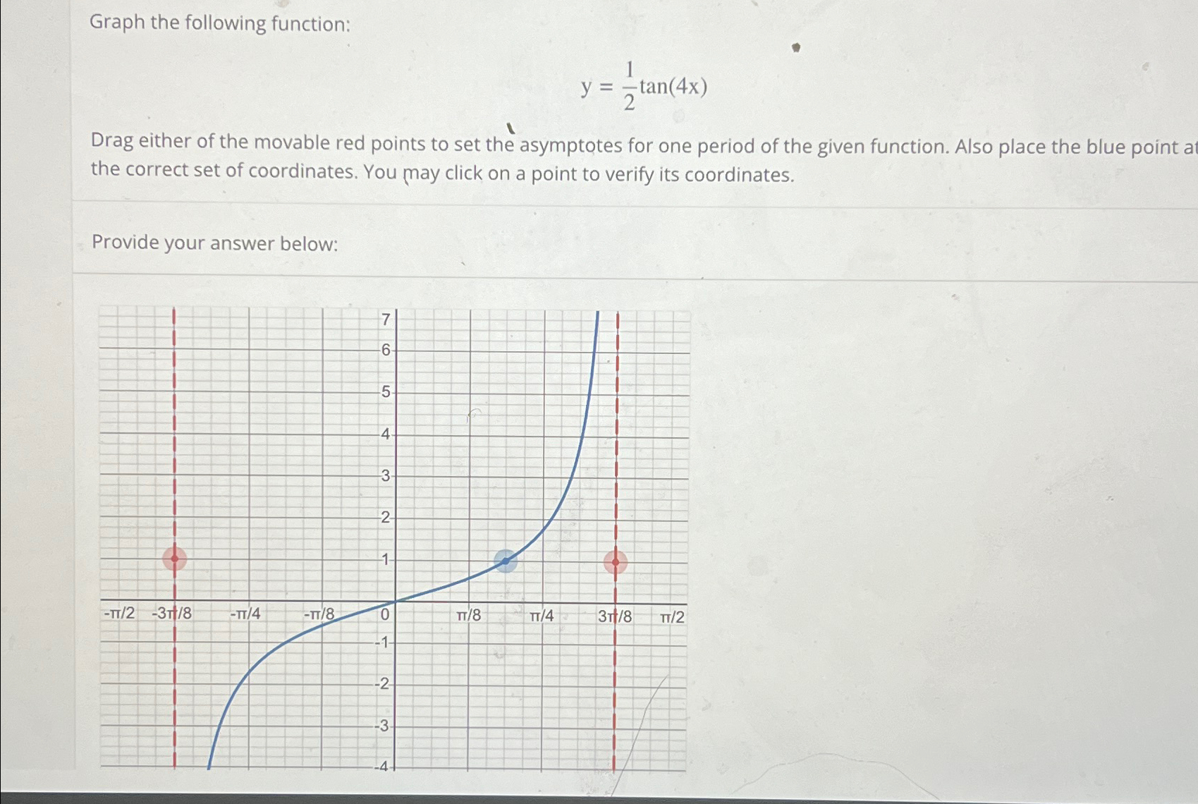 Solved Graph the following function:y=12tan(4x)Drag either | Chegg.com