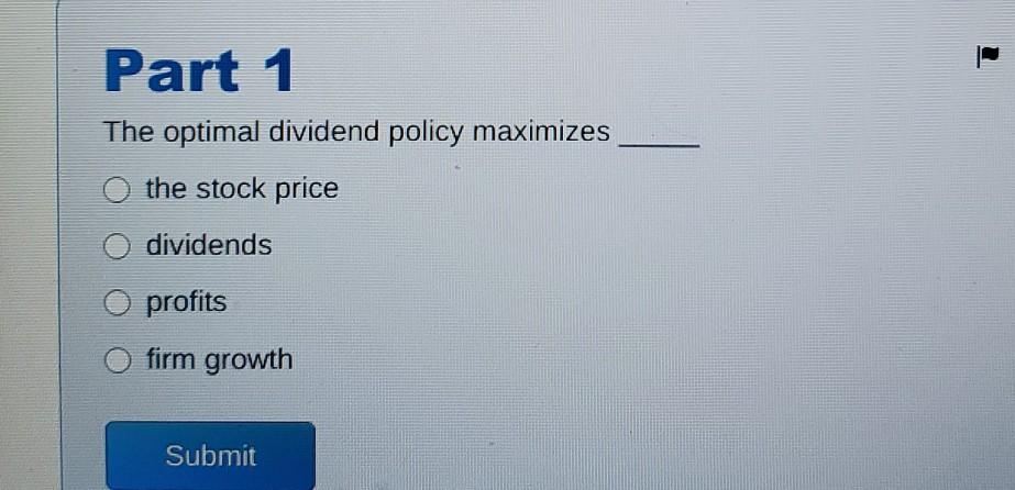 Solved Part 1 The optimal dividend policy maximizes the | Chegg.com