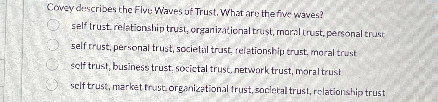 Solved Covey describes the Five Waves of Trust. What are the | Chegg.com