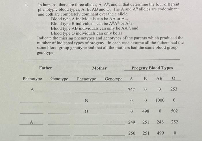 Solved 1. In humans, there are three alleles, A,AB, and a, | Chegg.com