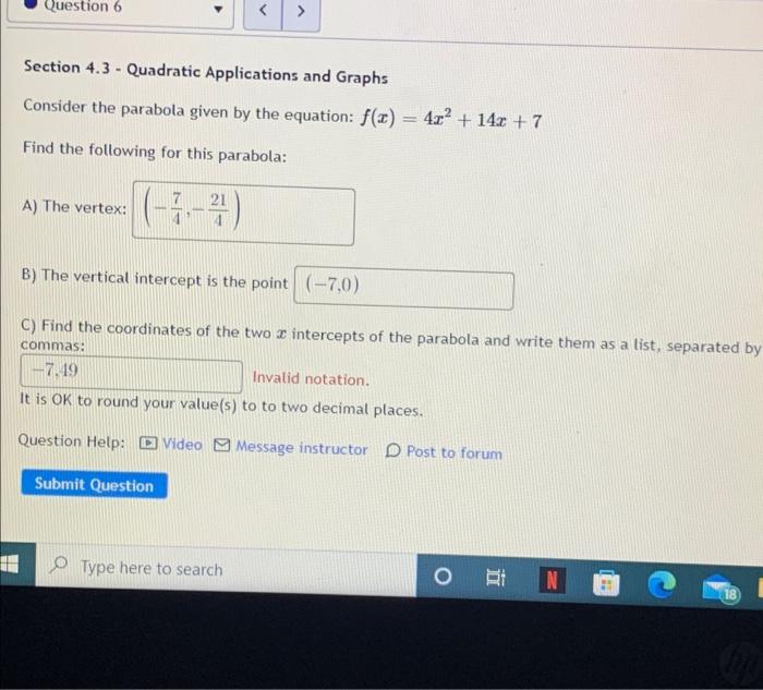 Solved Question 6 > Section 4.3 - Quadratic Applications and | Chegg.com
