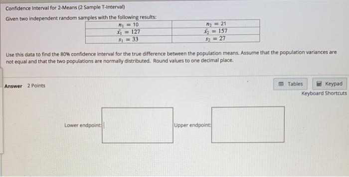Solved Confidence Interval for 2-Means (2 Sample T-Interval) | Chegg.com