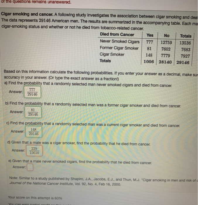 Solved of the questions remains unanswered. Cigar smoking | Chegg.com
