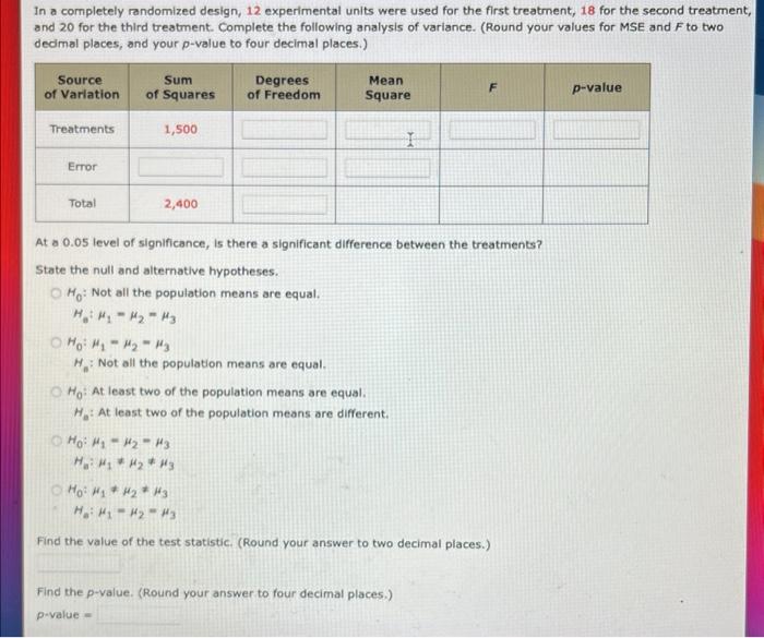 Solved In a completely randomized design, 12 experimental | Chegg.com