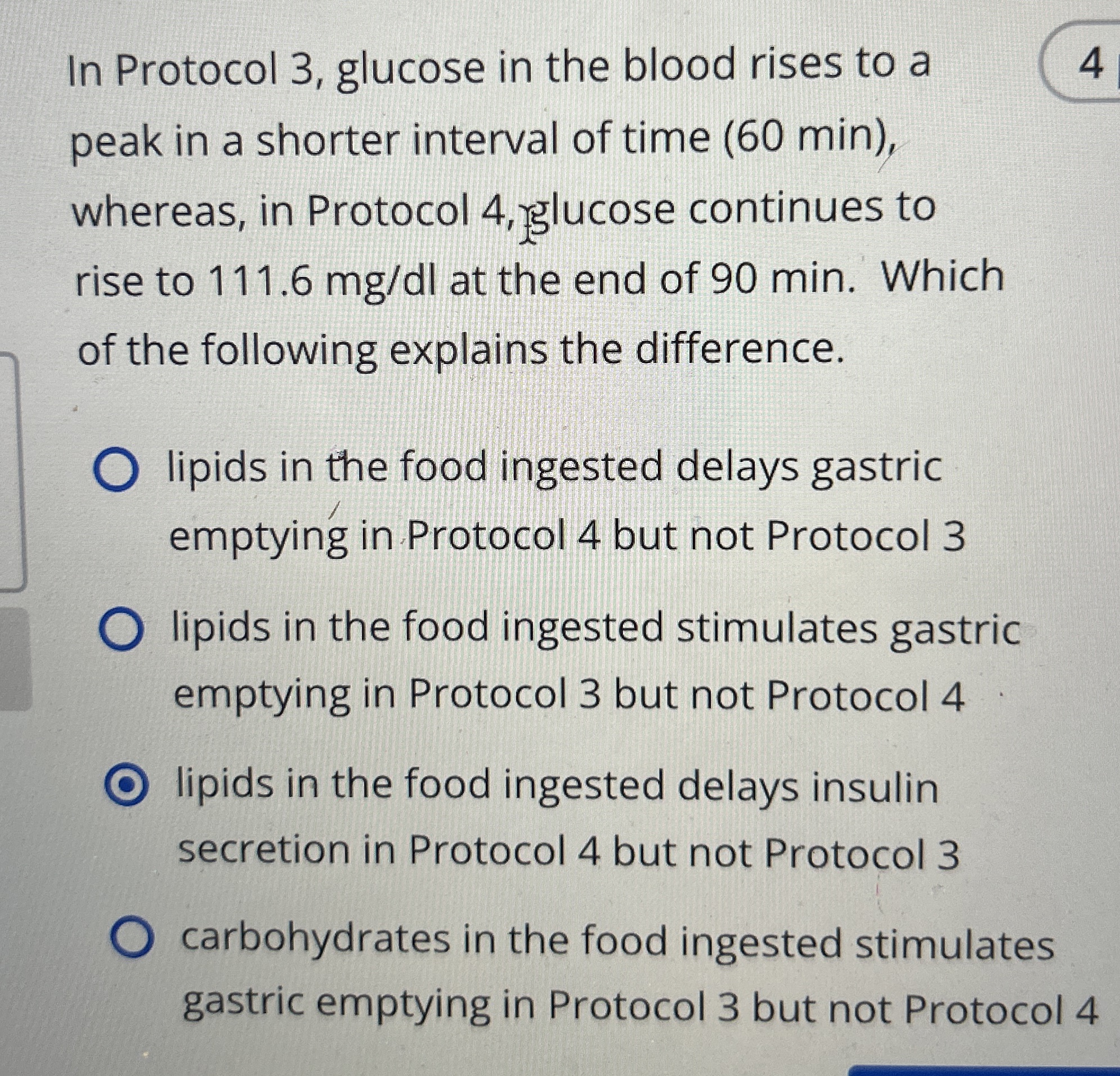 Solved In Protocol 3, ﻿glucose in the blood rises to apeak | Chegg.com
